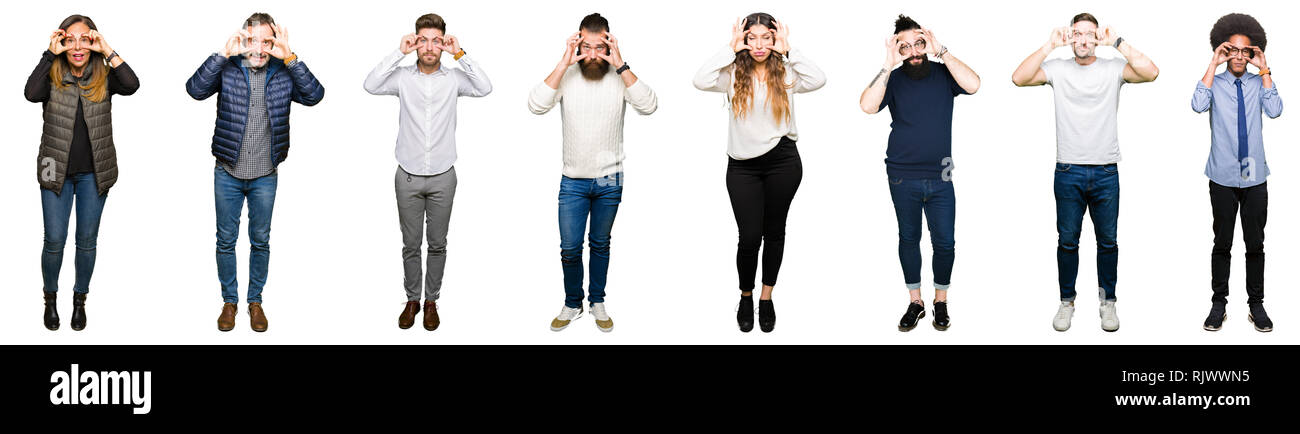 Collage of people over white isolated background Trying to open eyes ...