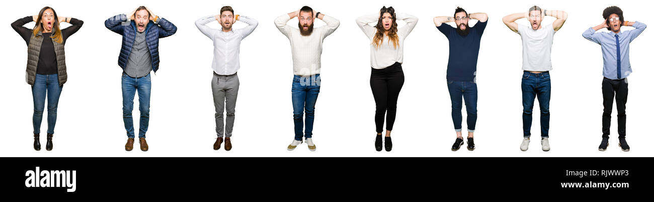 Collage of people over white isolated background Crazy and scared with ...