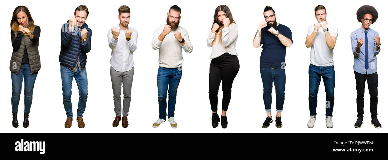 Collage of people over white isolated background Ready to fight with ...
