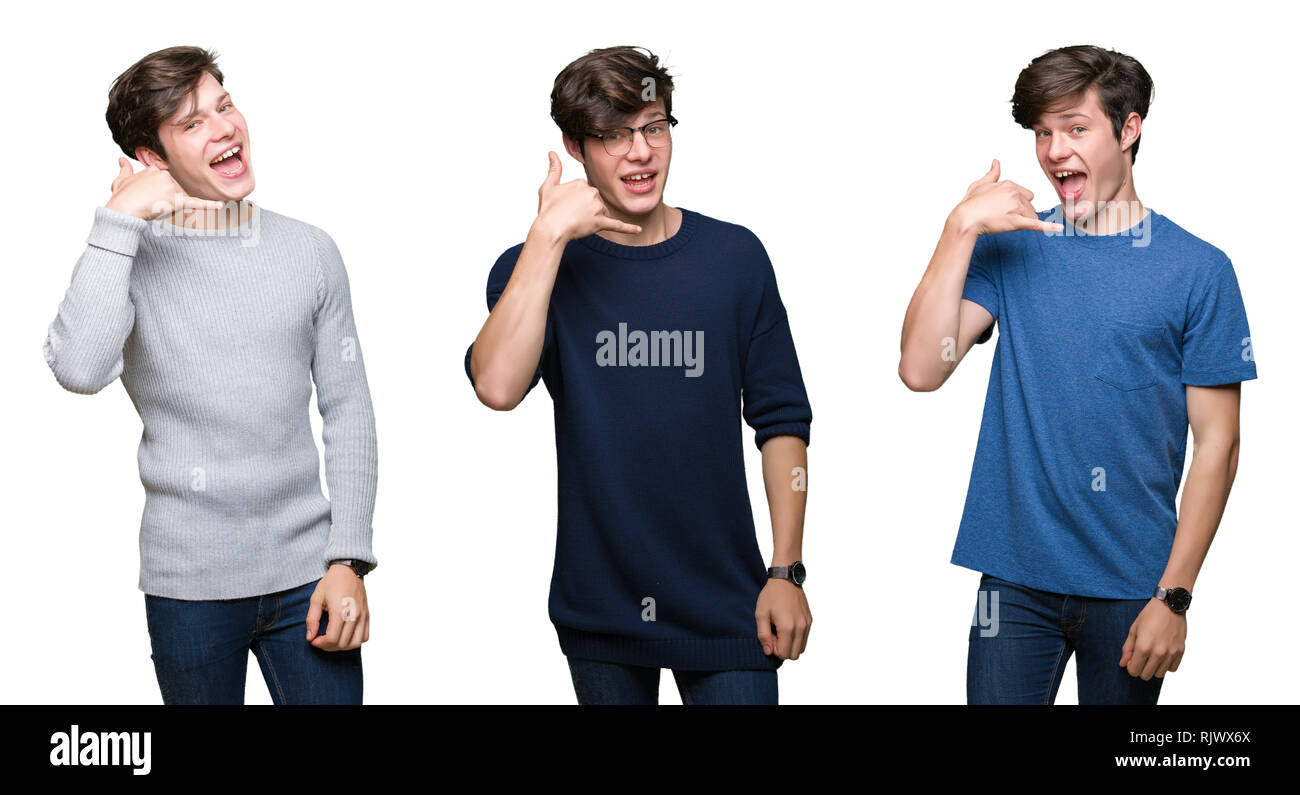 Collage of young man over white isolated background smiling doing phone ...