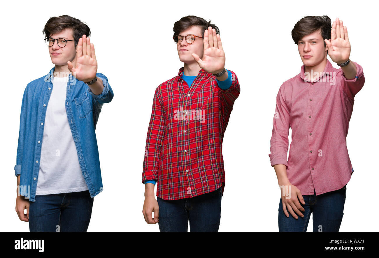 Collage of young man over white isolated background doing stop sing ...