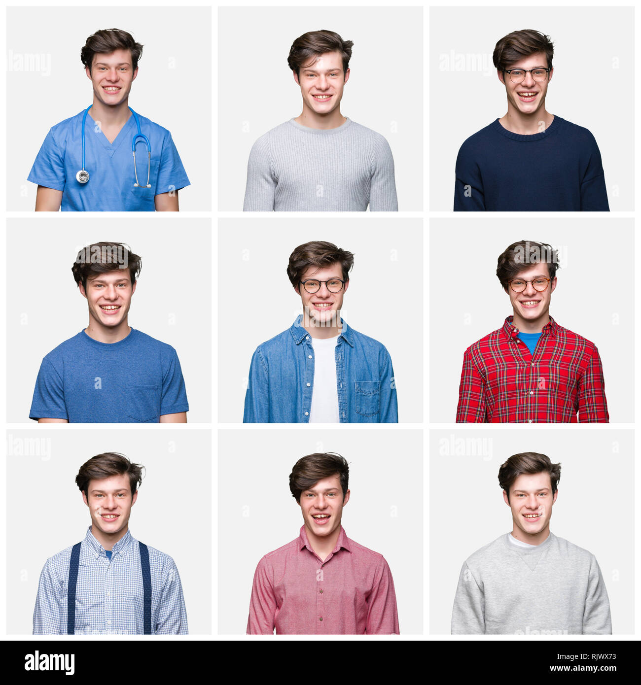 Collage of young man over white isolated background with a happy and ...