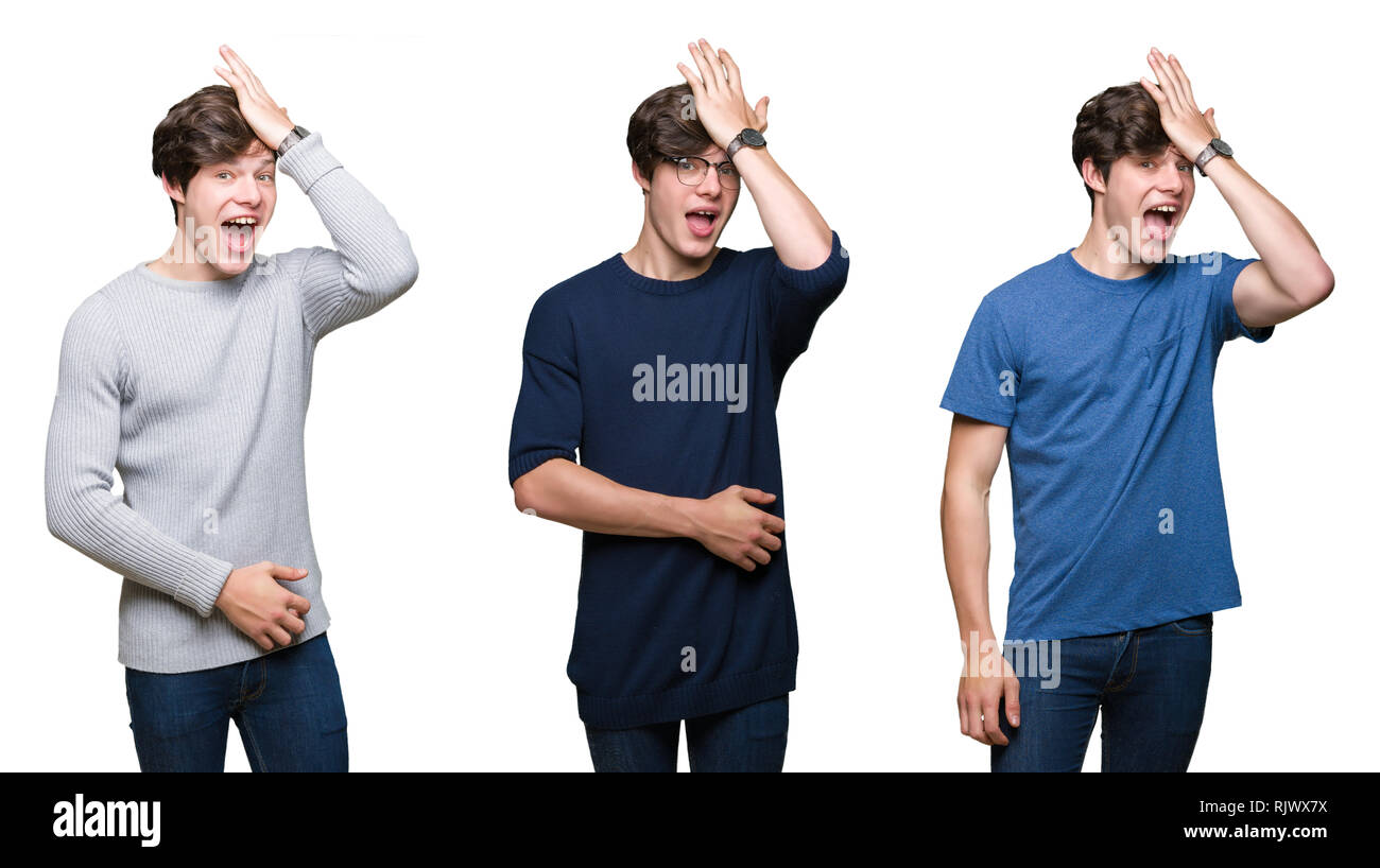 Collage of young man over white isolated background surprised with hand ...