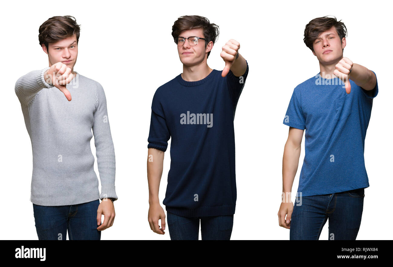 Collage of young man over white isolated background looking unhappy and ...