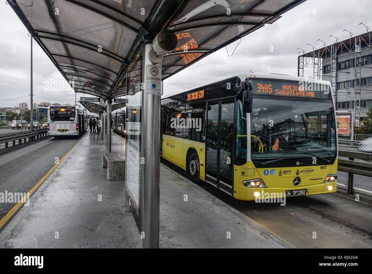 Istanbul, Turkey - Sep 28, 2018. Bus stop (BRT) on highway in Istanbul ...