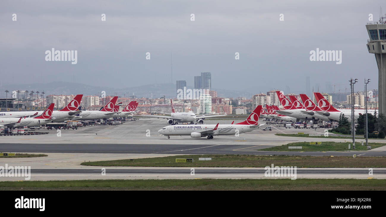 Istanbul, Turkey - Sep 30, 2018. Passenger airplanes on runway of ...