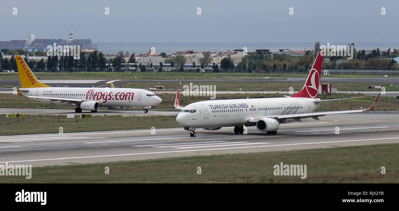 Istanbul, Turkey - Sep 30, 2018. Passenger airplanes on runway of ...