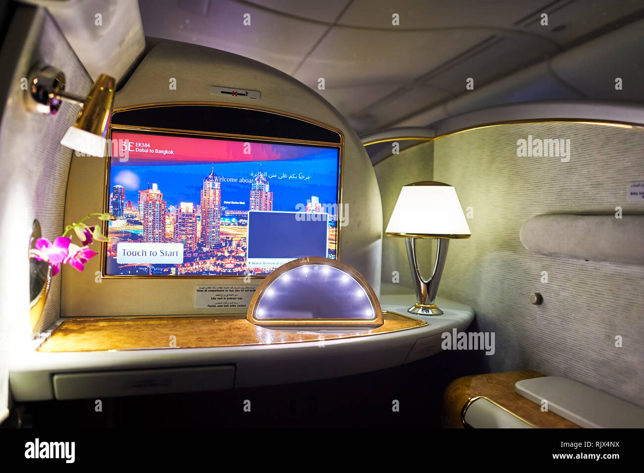 DUBAI, UAE - MARCH 31, 2015: interior of Emirates Airbus A380. Emirates ...