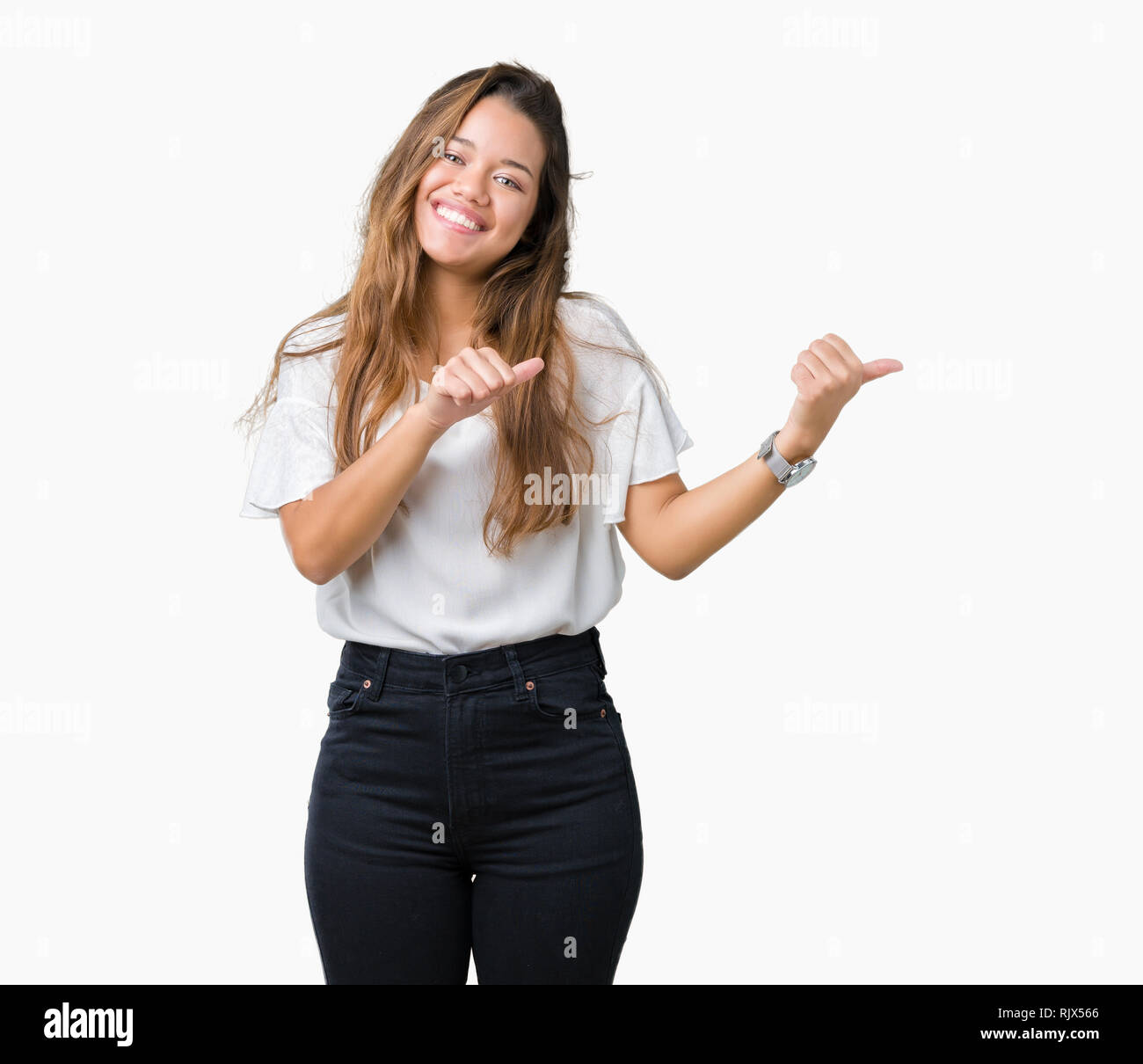 Portrait brunette woman pointing behind hi-res stock photography and ...