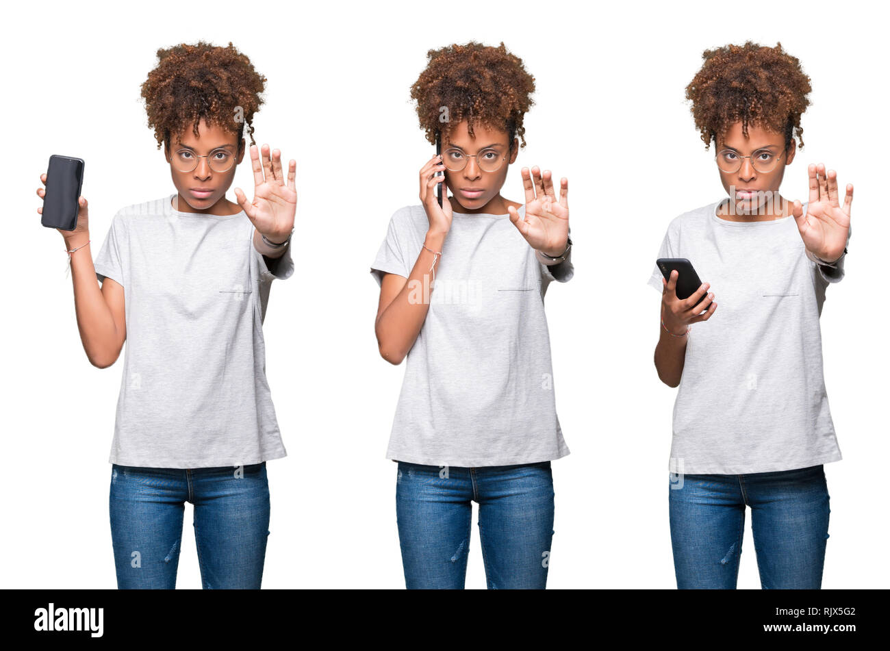 Collage of young beautiful african girl using smartphone with open hand ...