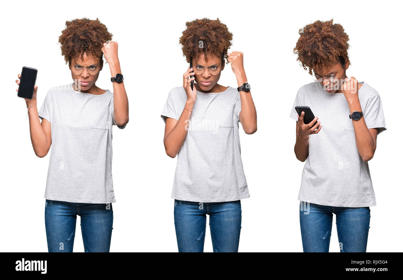 Collage of young beautiful african girl using smartphone annoyed and ...
