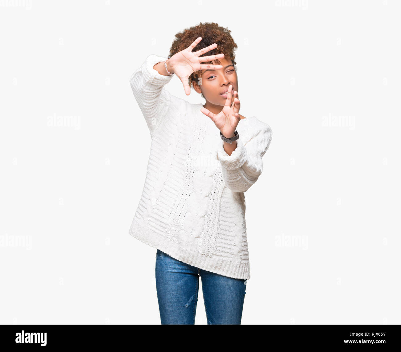 Woman framing face hands smiling Cut Out Stock Images & Pictures - Alamy