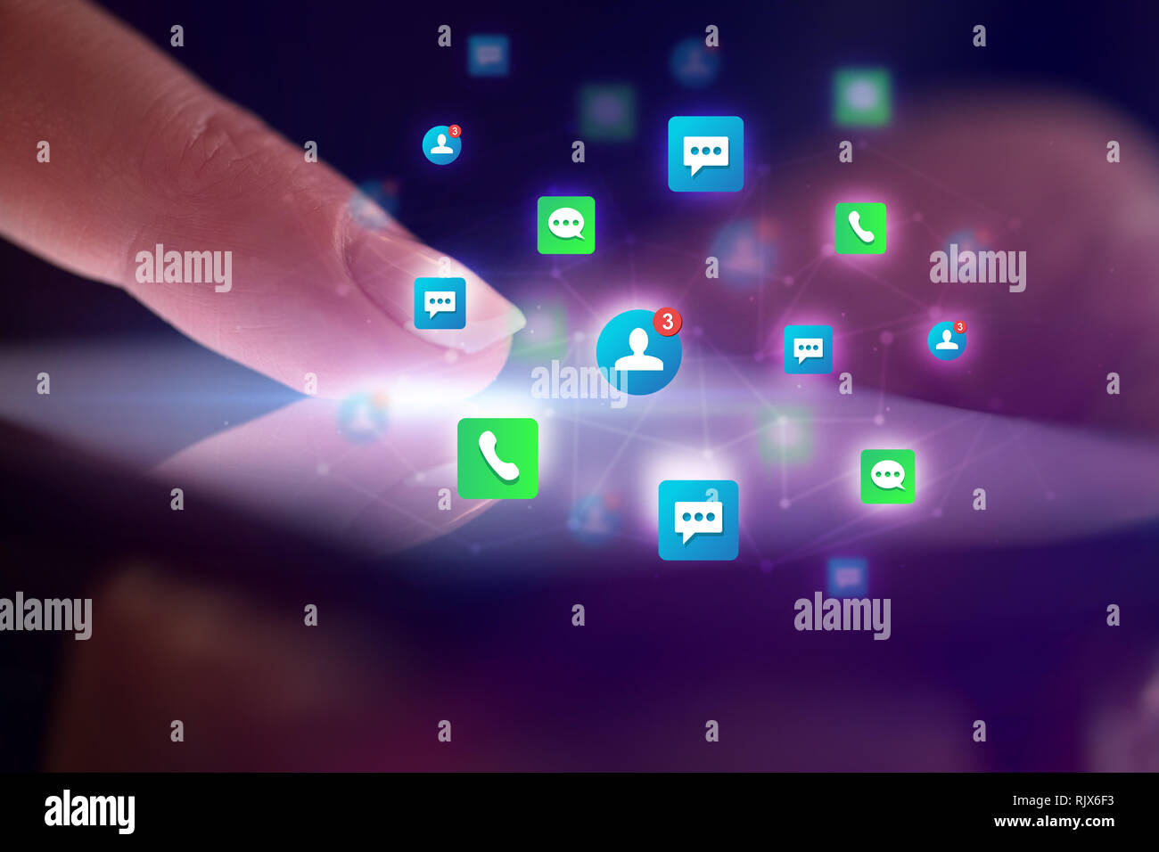 Finger touching phone with friends and contact concept and dark ...