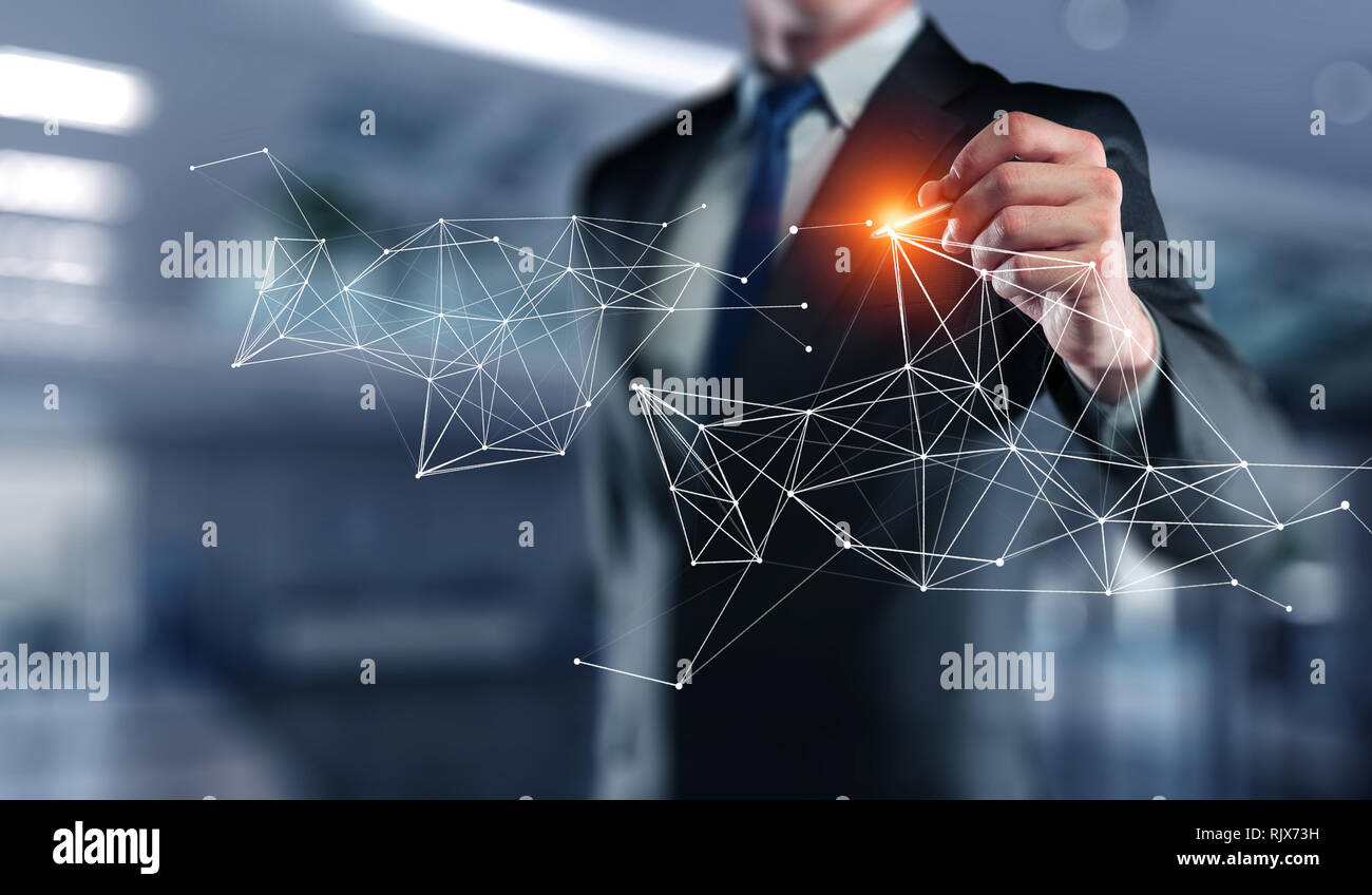 Close of businessman drawing connection lines of network concept. 3d ...