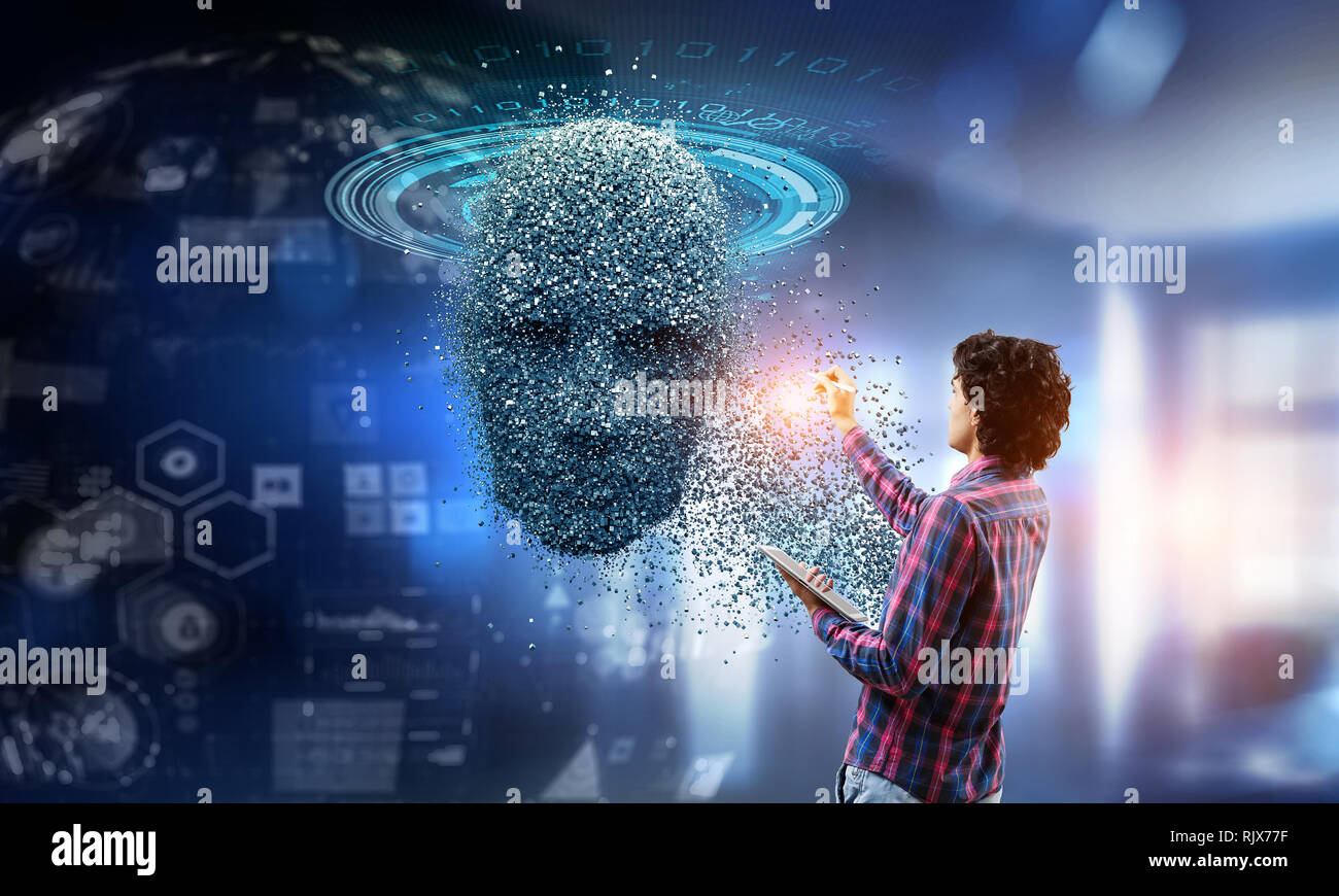 Modern technology concept wih cyber robot face. Mixed media Stock Photo ...