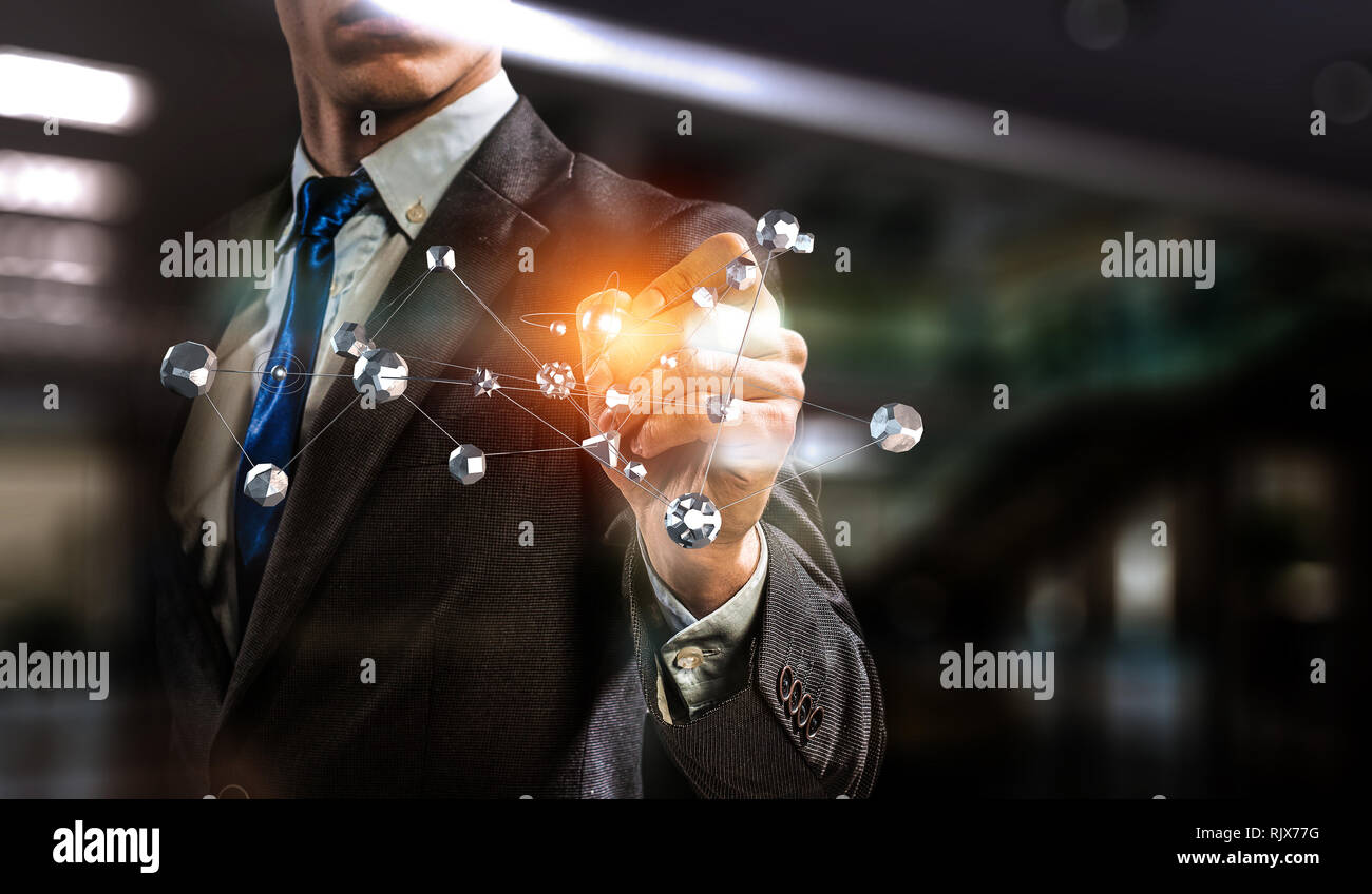 Close of businessman drawing connection lines of network concept. 3d ...