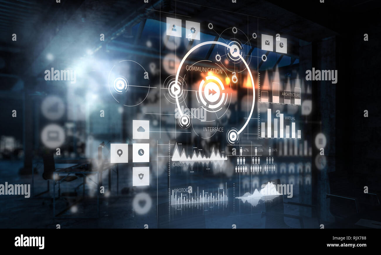 Background technology image with media panel and infographs. Mixed ...