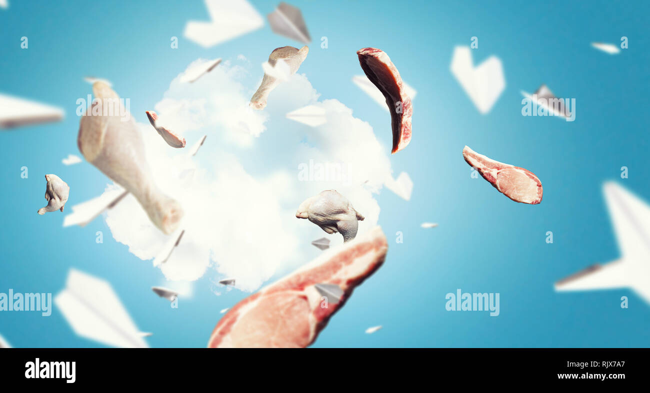 Meat chicken with ingredients for cooking flying in air. Mixed media ...