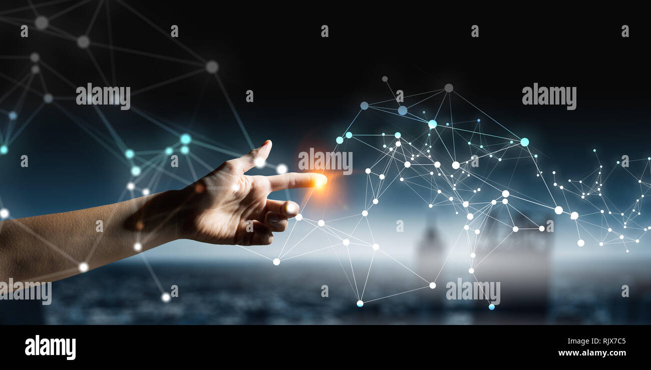 Close of hand touching with finger connection concept. 3d rendering ...