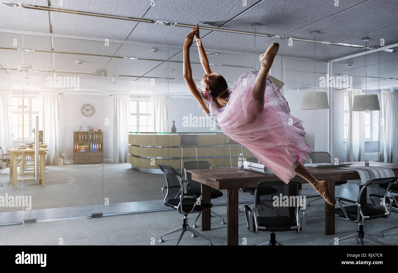 Ballerina kid girl in pink dress dancing. Mixed media Stock Photo - Alamy