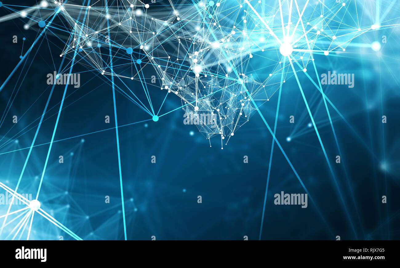 Abstract connected dots and lines on dark background. 3d rendering ...