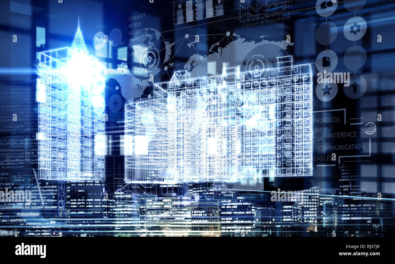 Background technology image with media panel with infographs. Mixed ...