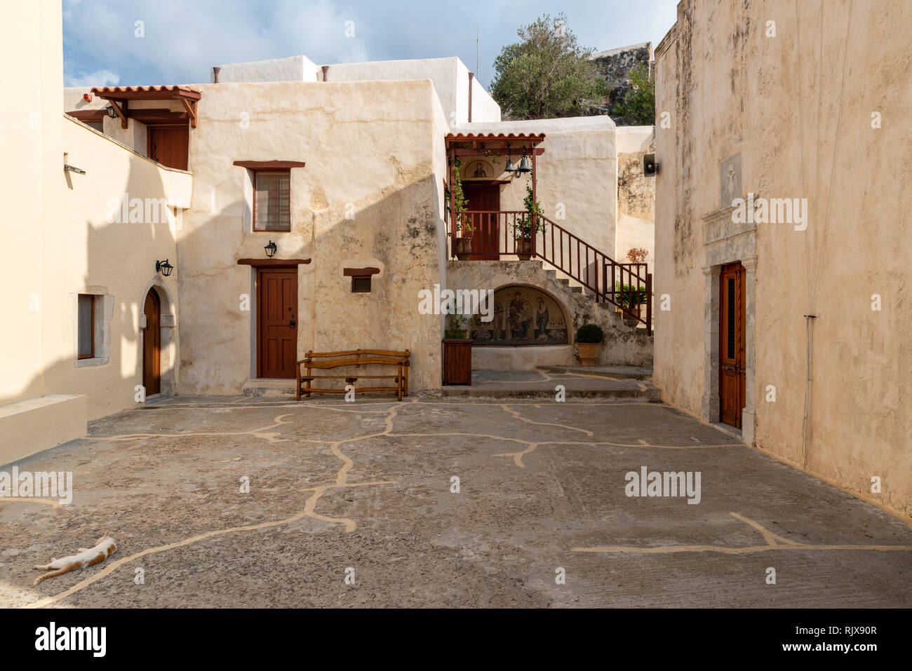 old buildings in the courtyard of monastery Preveli in Crete, Greece ...