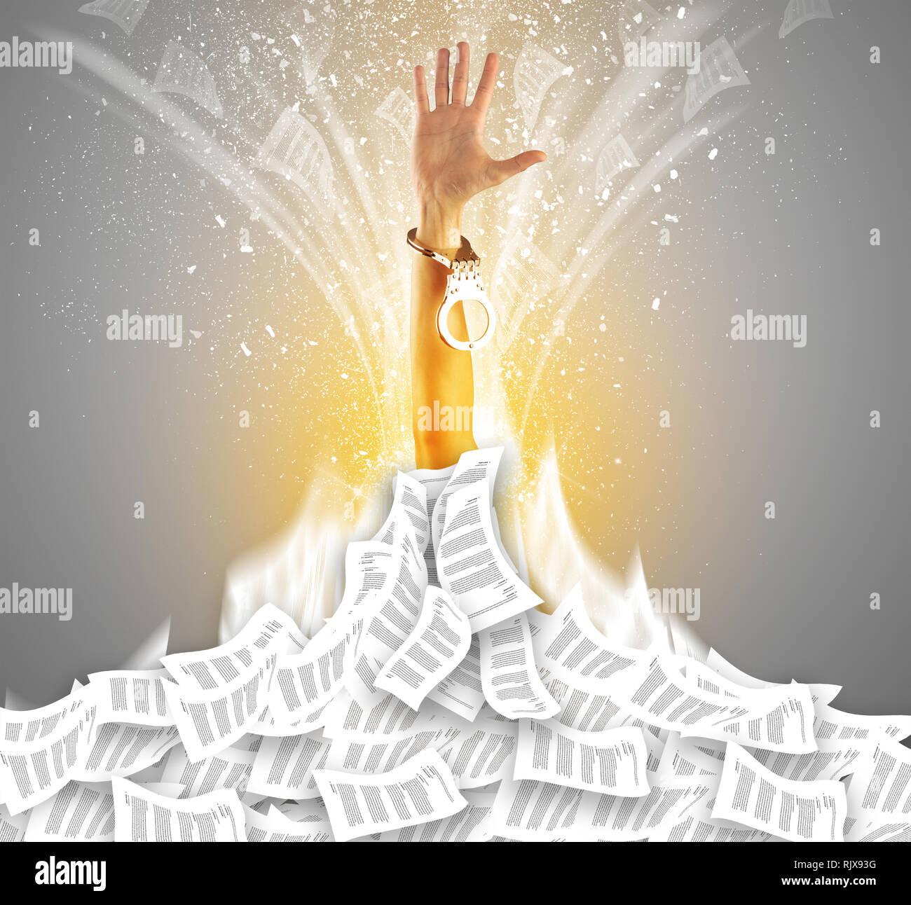 Hand buried in document pile and breaking out from it Stock Photo - Alamy