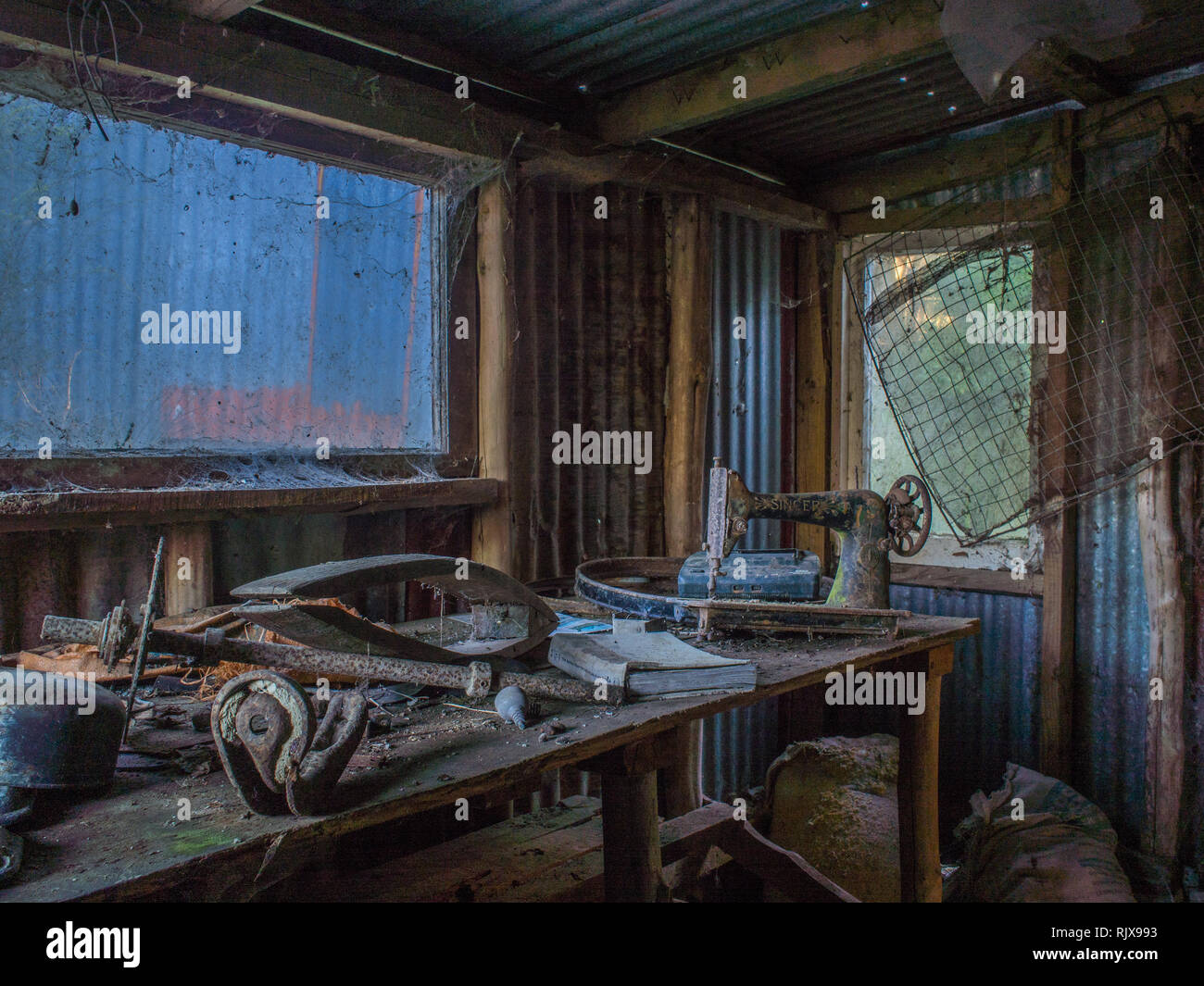 Abandoned workshop with sewing machine, Ahu Ahu Ohu, Ahuahu Valley, Whanganui River, North ...
