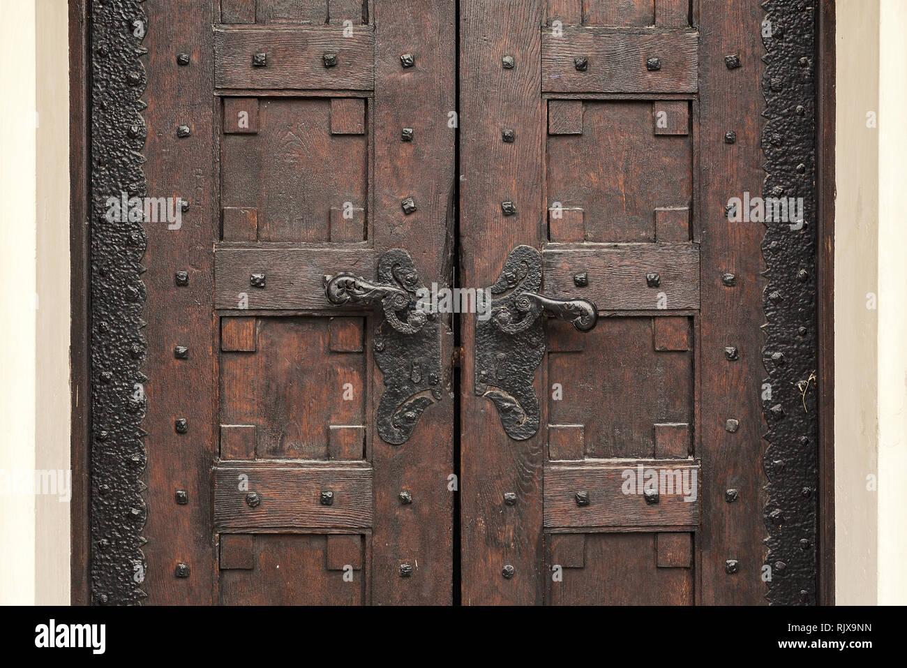 Entrance of an orthodox church, closeup view on old wooden doors Stock ...
