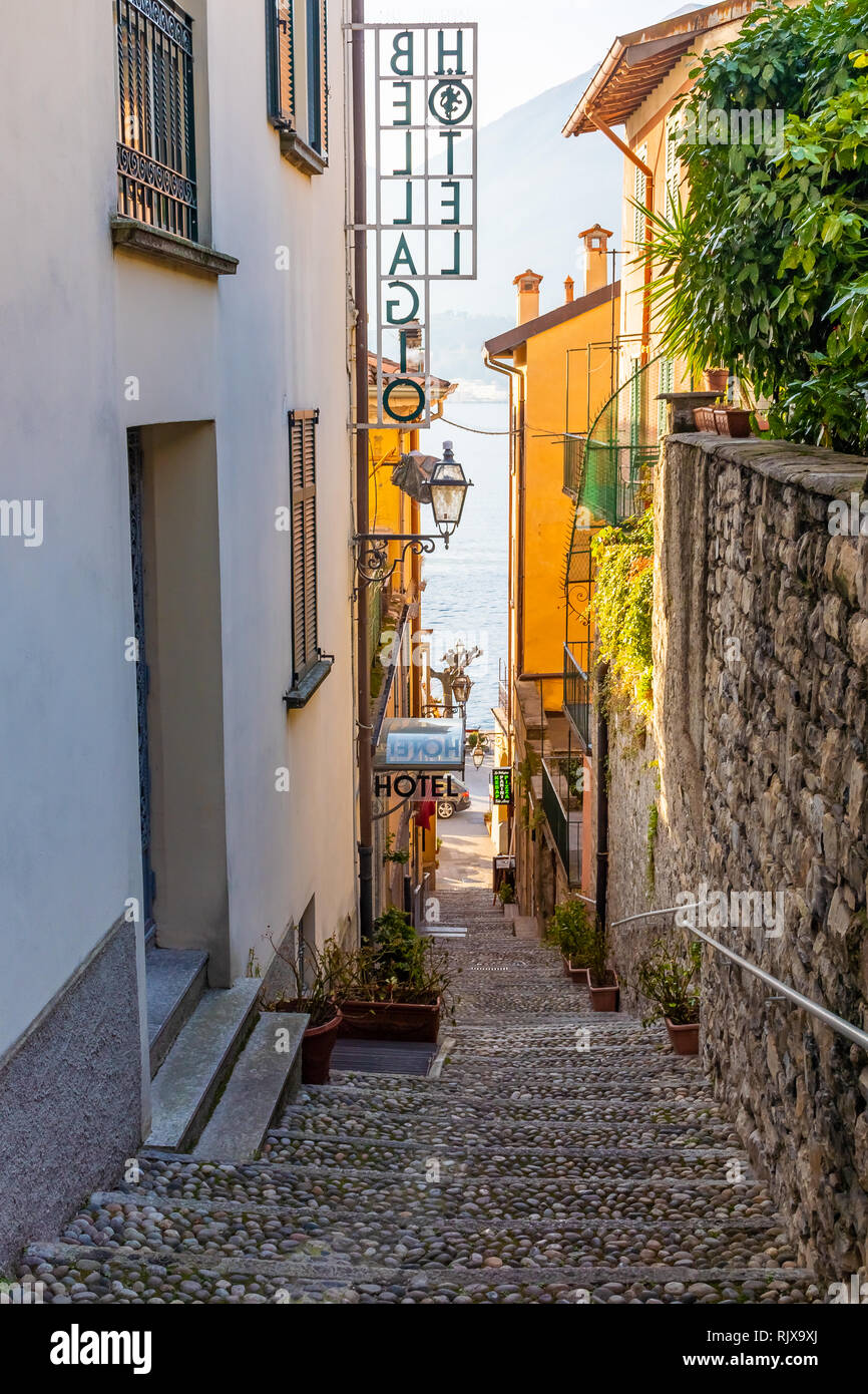 Beautiful picturesque and colorful old town street in Bellagio city ...