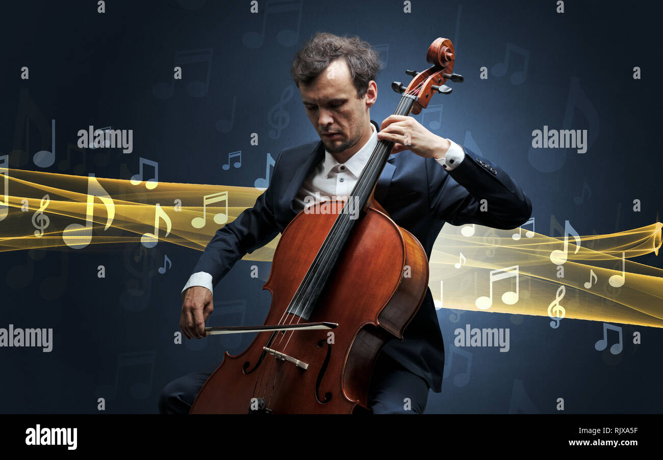 Young male musician playing on his cello with musical notes around ...