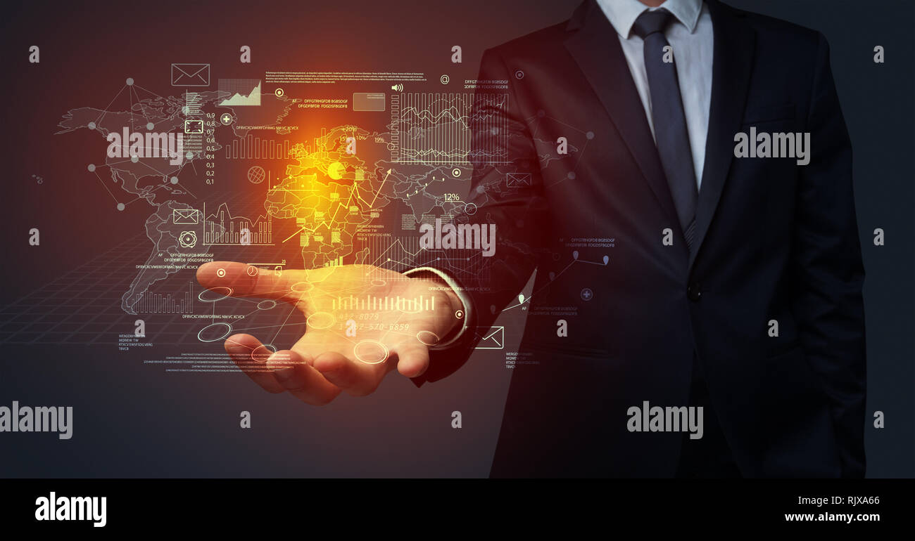 Communicational concept with businessman body and hand in background ...