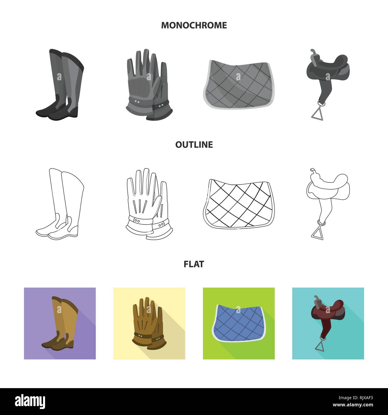 Vector illustration of equipment and riding symbol. Set of equipment ...