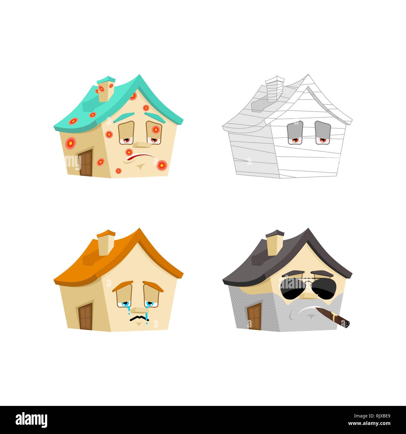 House Cartoon Style set 1. Home Sick and sad. Bandaged and brutal ...