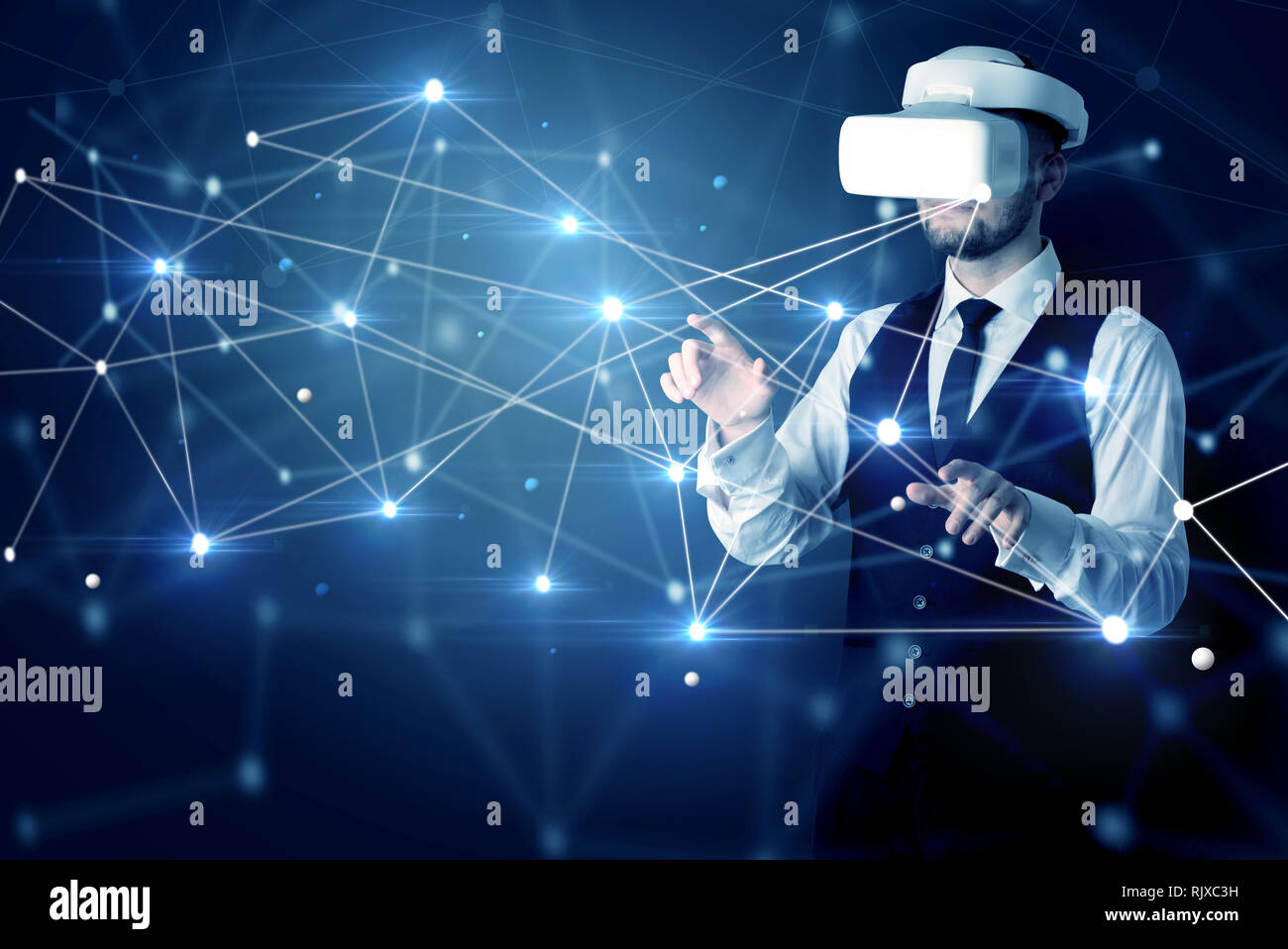 Businessman in virtual reality goggles investigate global network ...