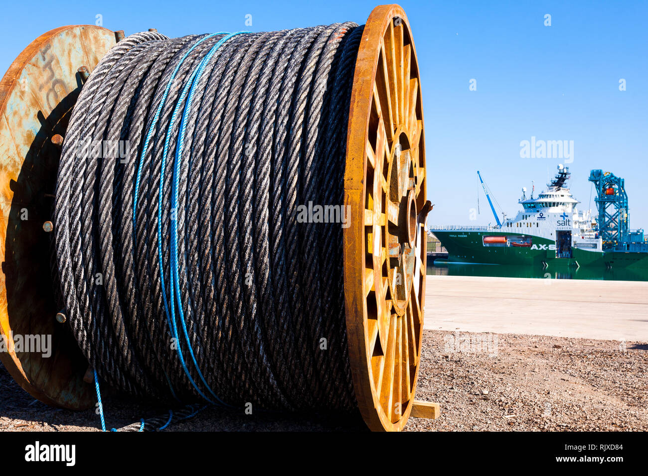 Oil Industry New cable hawsers round drums stored Montrose Quayside UK ...