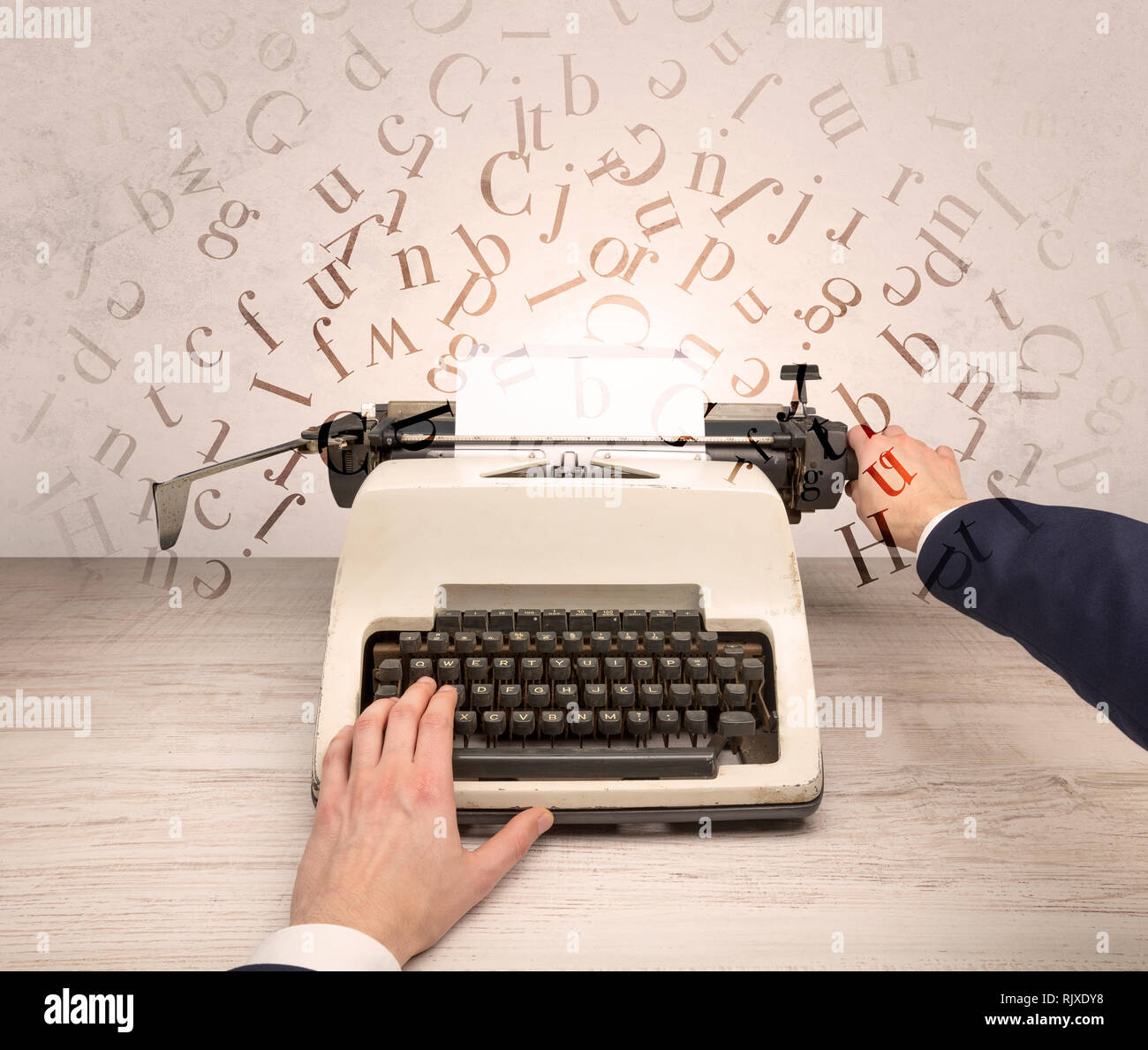 First person perspective elegant hand writing on typewriter with flying ...