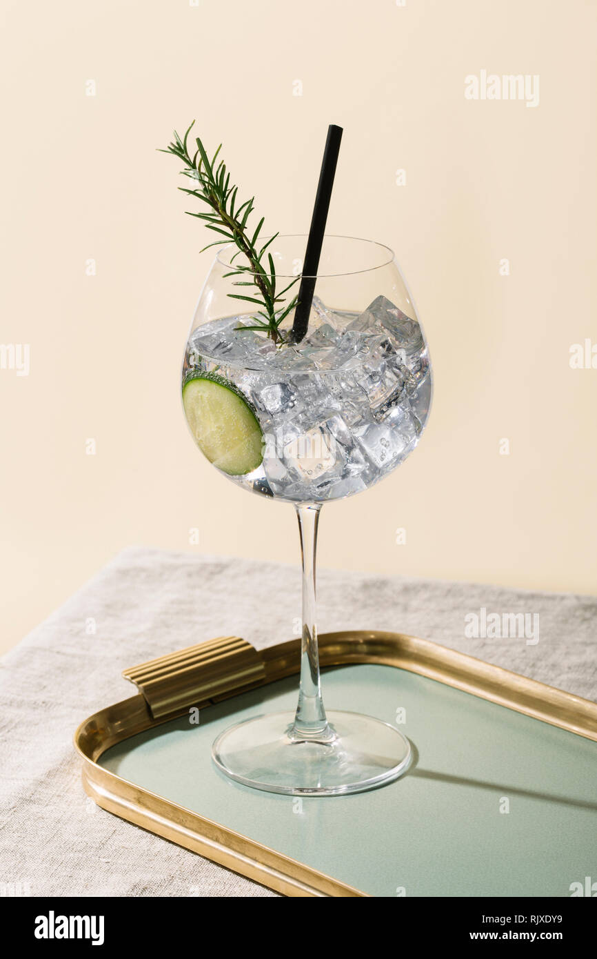 Gin tonic, an aperitif garnished with cucumber and rosemary Stock Photo ...