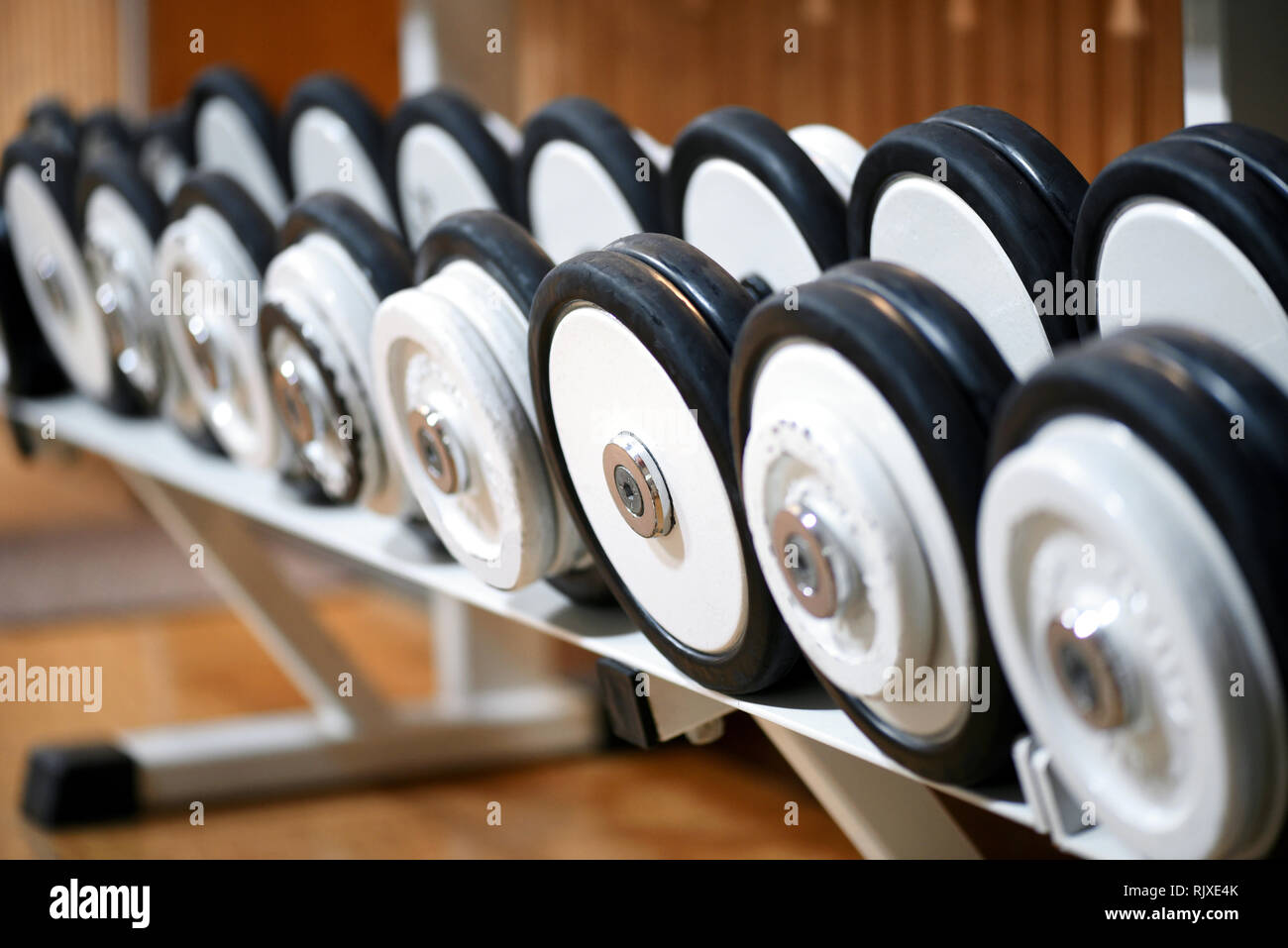 Rows of weights on a shelf in a gym in a receding diagonal view in a ...