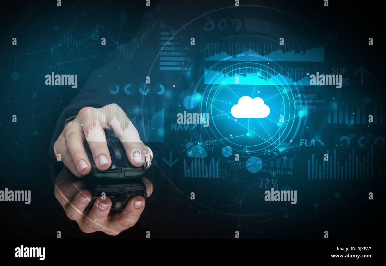 Hand using wireless mouse with cloud technology concept and dark ...