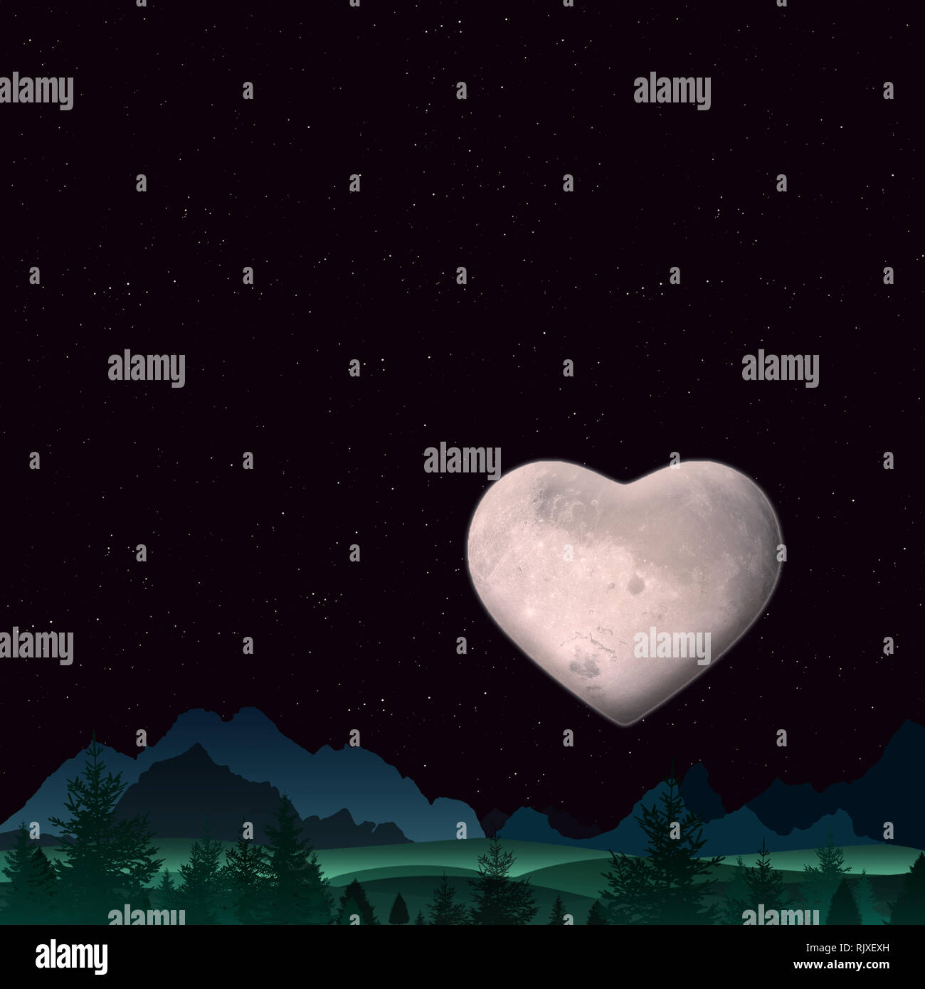 heart shape moon rising at night in country among trees and mountains ...