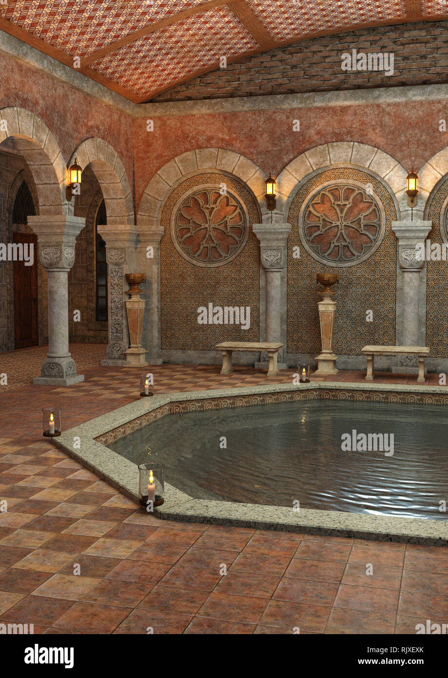 3D rendering of a fairy tale castle with a pool Stock Photo - Alamy