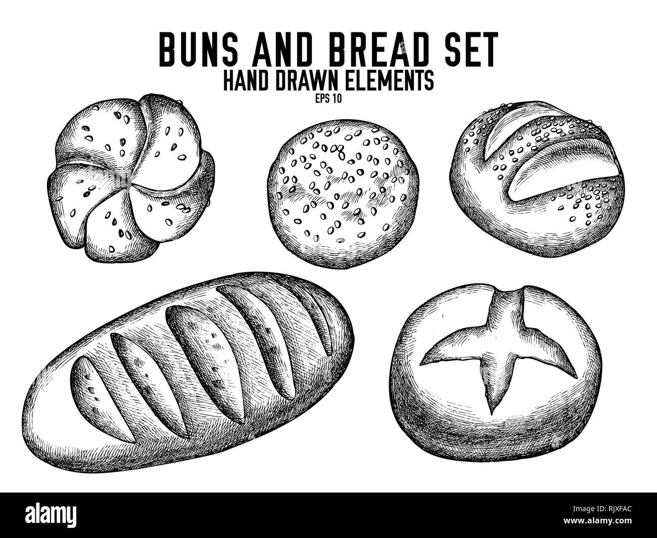 Vector collection of hand drawn black and white buns and bread Stock ...