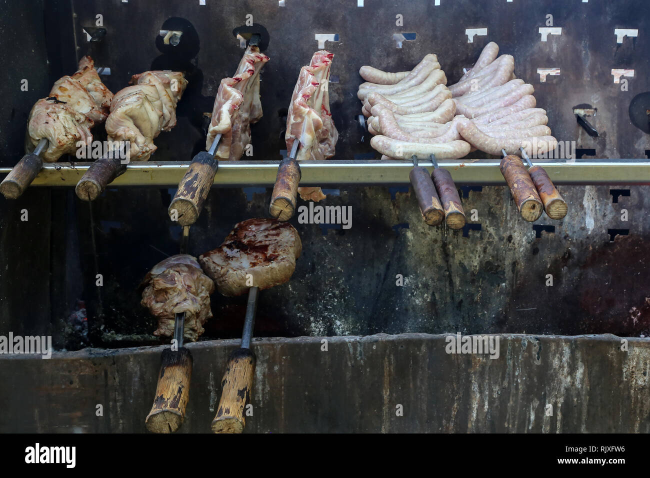 Meat is fried over an open fire Stock Photo - Alamy