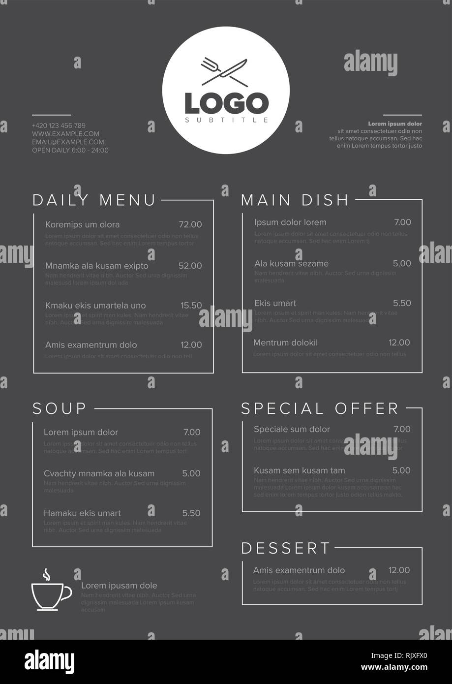 Modern dark minimalistic restaurant menu template with two columns ...