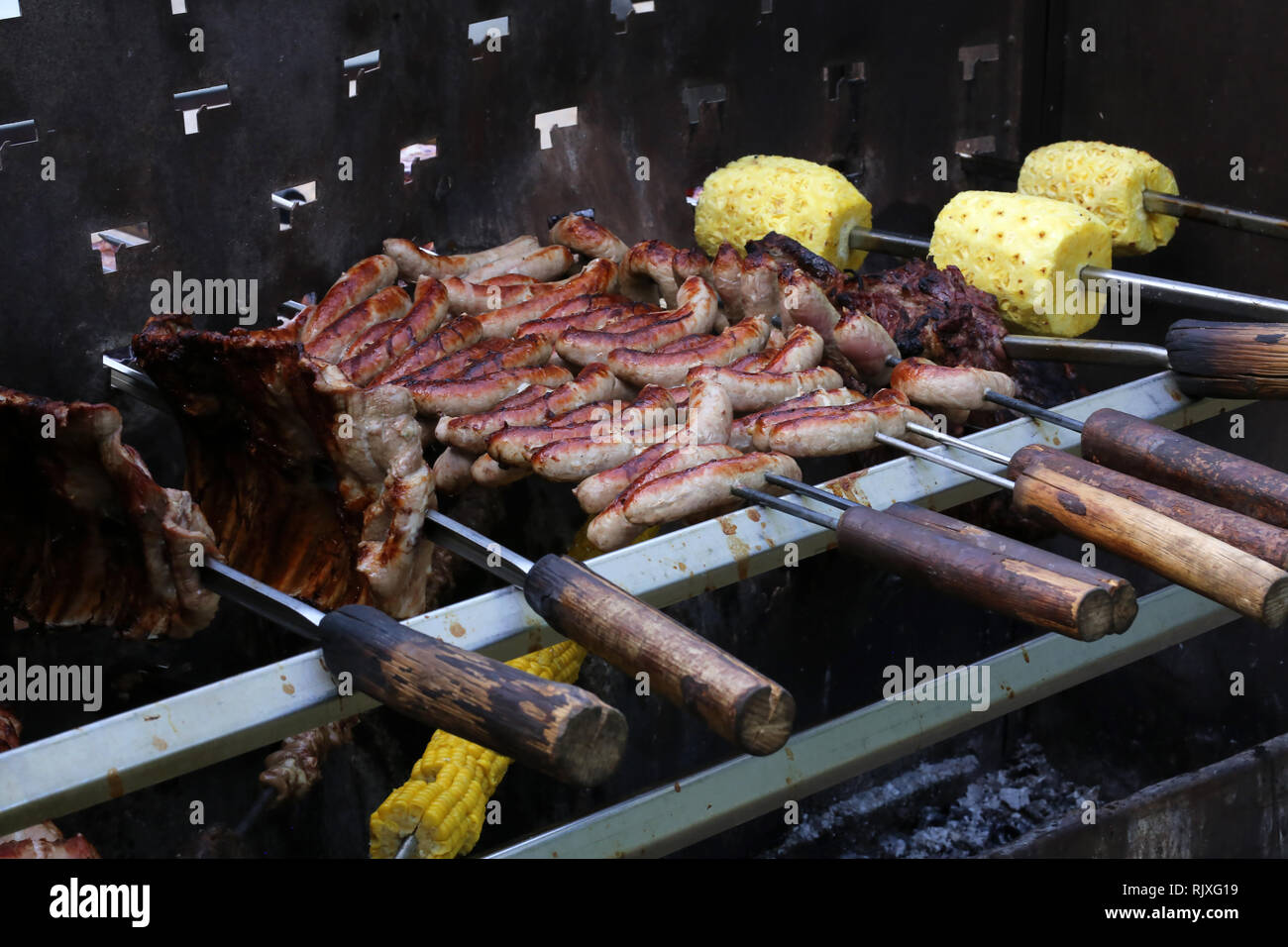 Meat is fried over an open fire Stock Photo - Alamy