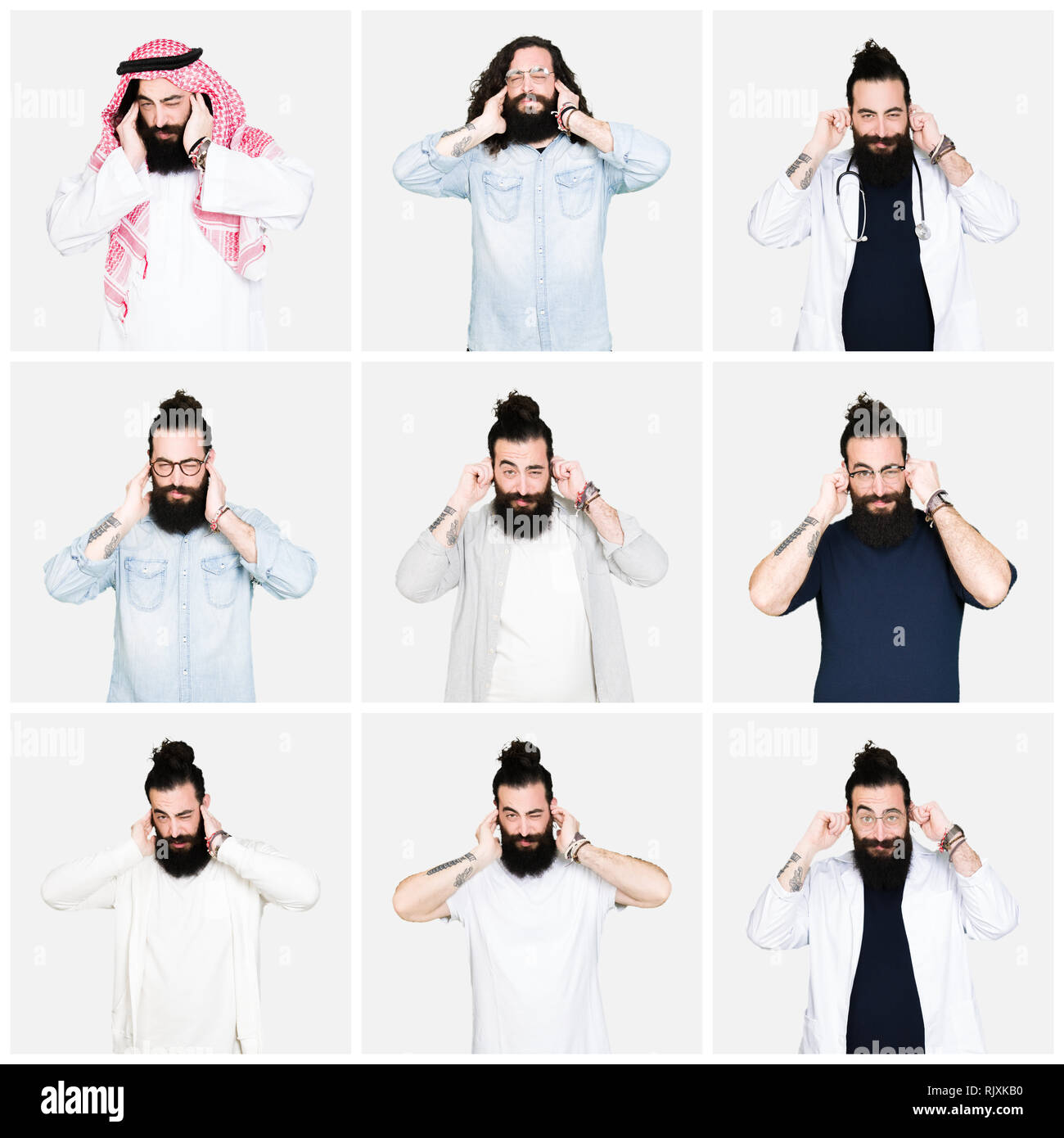 Collage of young man with beard and long hair over white isolated ...