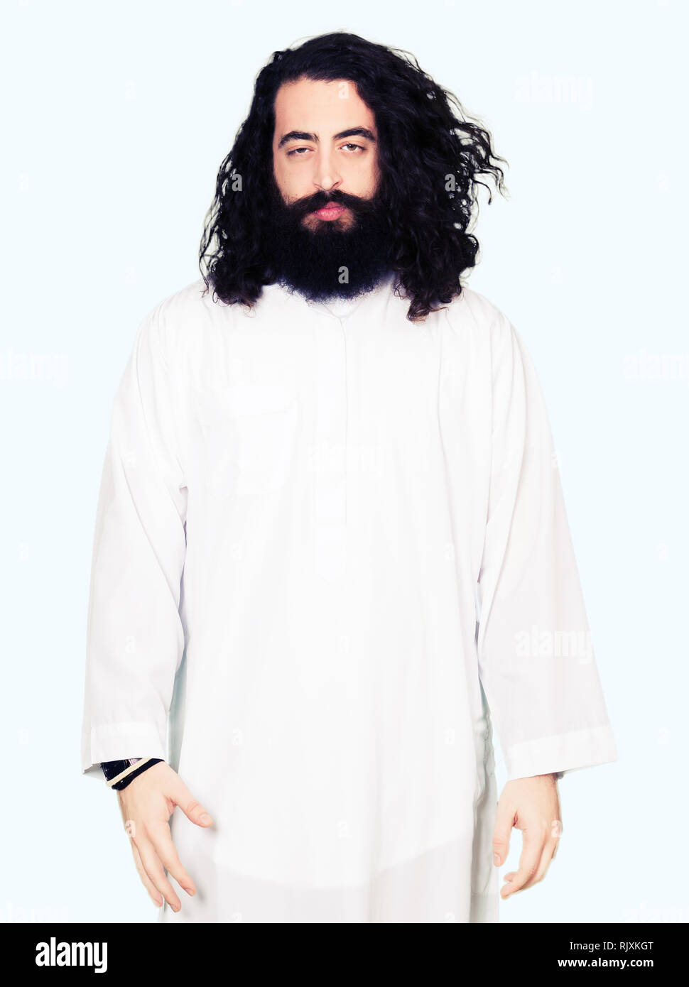 Man wearing Jesus Christ costume depressed and worry for distress ...