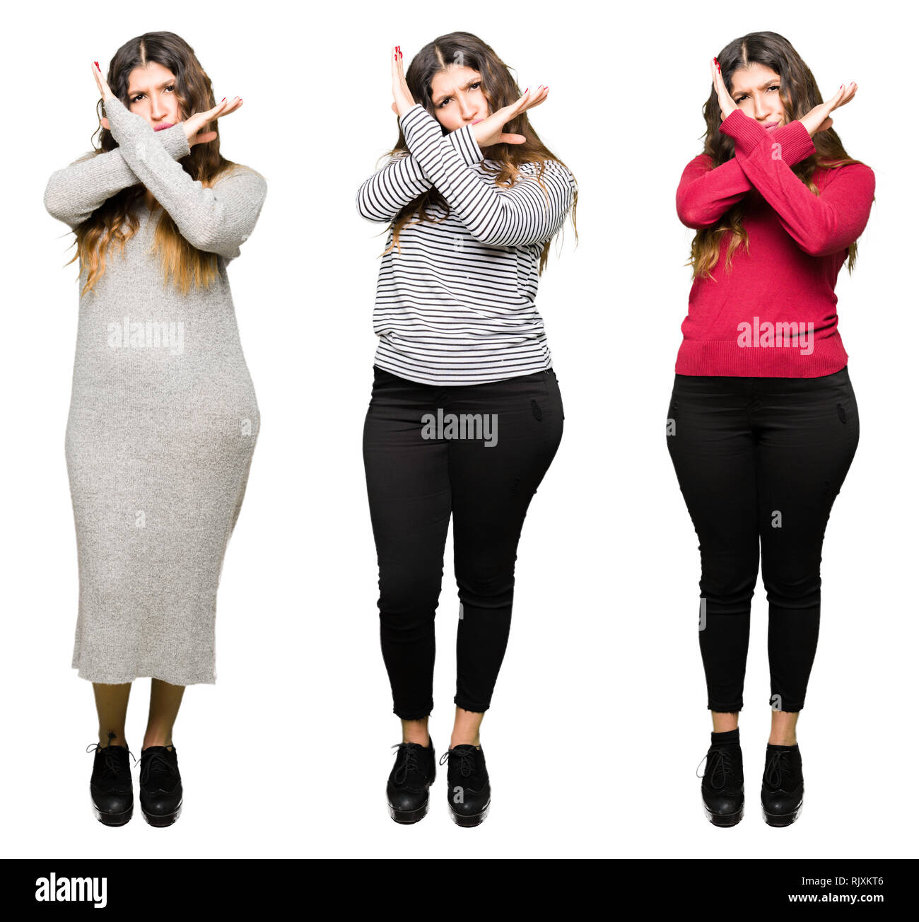 Collage of beautiful young woman over white isolated background ...